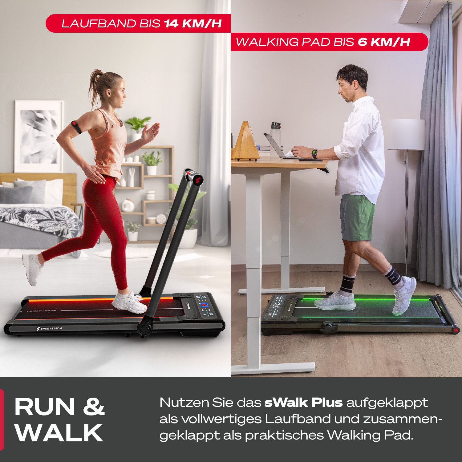 sWalk Plus Laufband | 2 in 1 klappbares Treadmill von SPORTSTECH